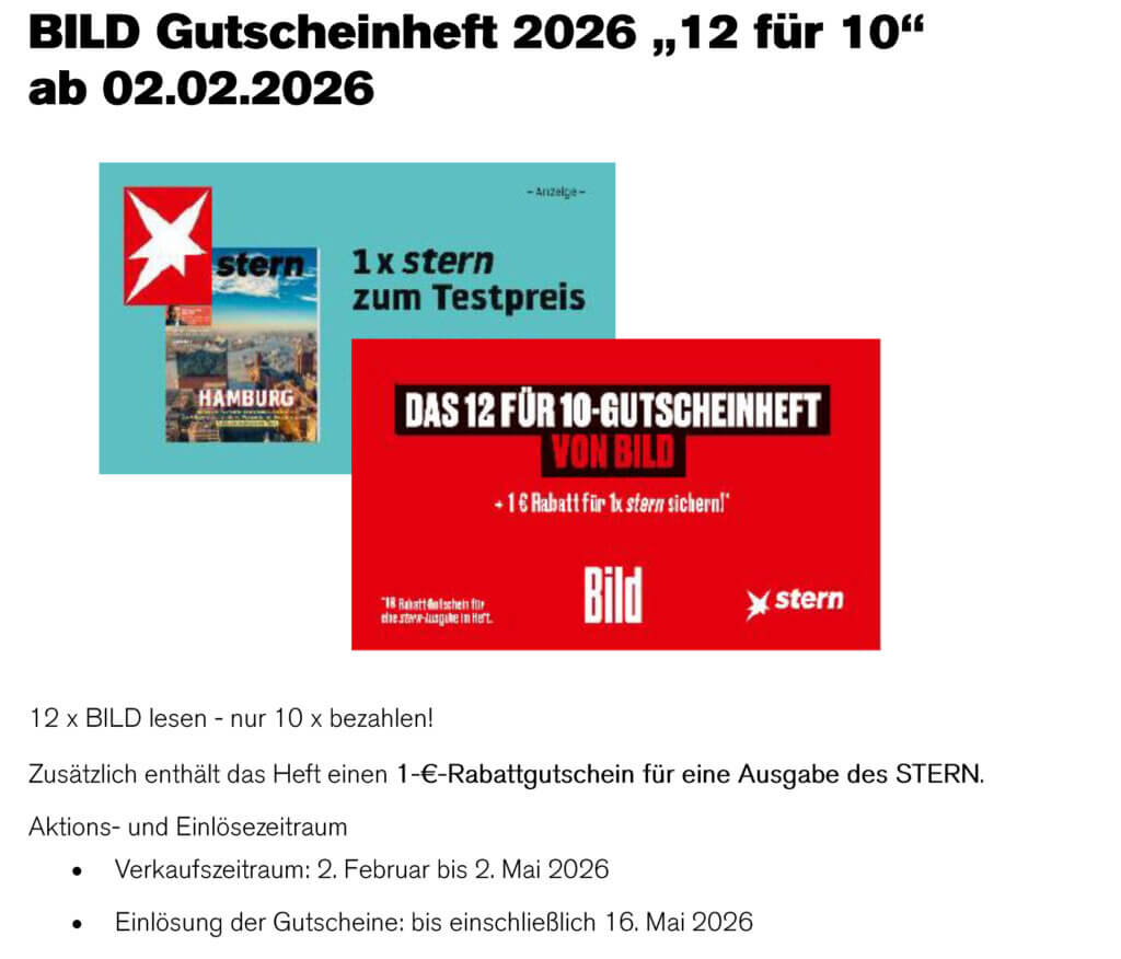 BILD Gutscheinheft 2026 „12 für 10“ – 4PRESS VERLAGSGROSSO DEUTSCHLAND